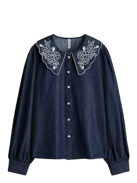 H&m Embroidered Peter Pan Collar Denim Blouse - Dark Denim Blue
