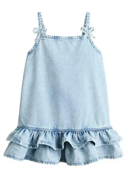 H&m Denim Dress With Bow Detail And Ruffled Hem - Light Denim Blue