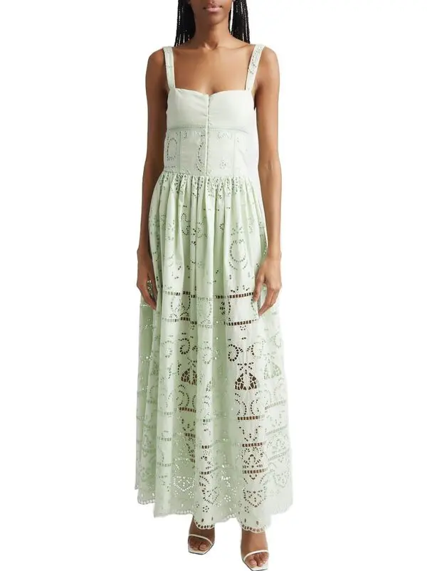 Alice + Olivia Anya Embroidered Cotton Maxi Dress - Light Sage