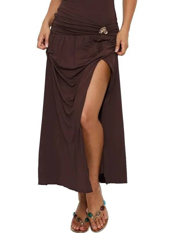Princess Polly Strapless Ruched Maxi Dress With Side Slit - Chocolate