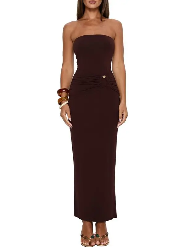Princess Polly Signature Strapless Maxi Dress With O-ring Detail - Chocolate Brown