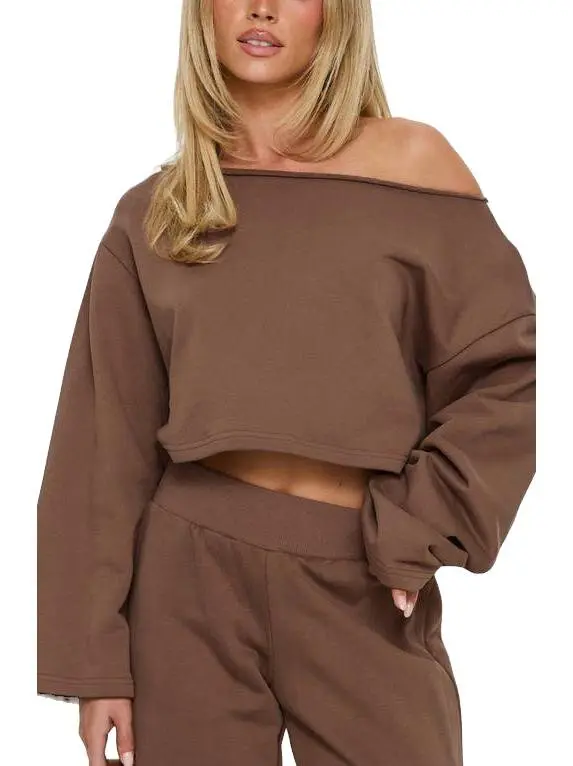 Princess Polly One-shoulder Sweatshirt - Cocoa