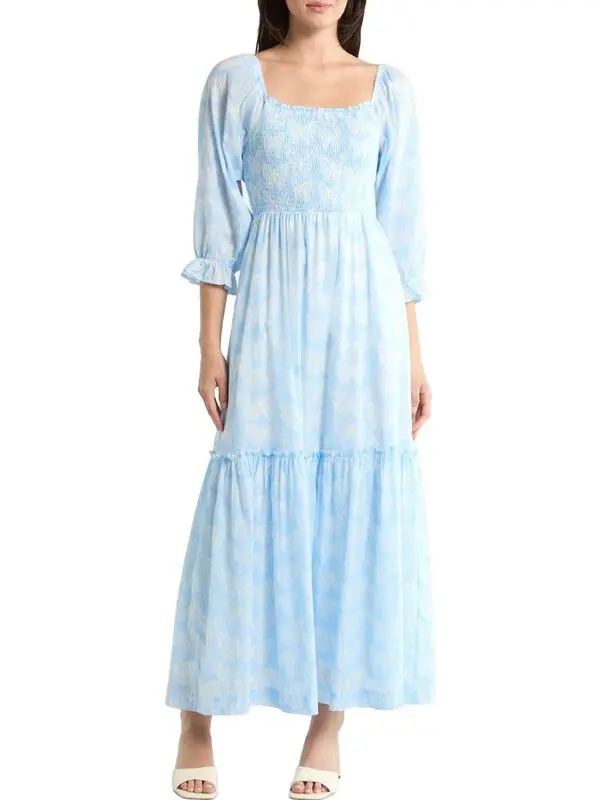 SUGARLIPS Aubry Smocked Ruffle Hem Maxi Dress - Blue/white