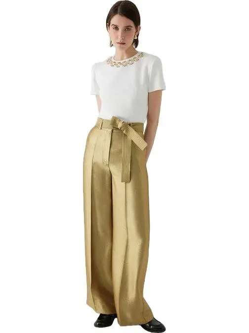 EXQUISE Tie-waist Wide-leg Trousers - Gold