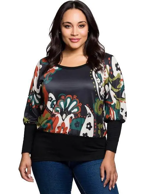 24SEVEN COMFORT APPAREL Paisley Print Dolman Sleeve Top - Grey Multi