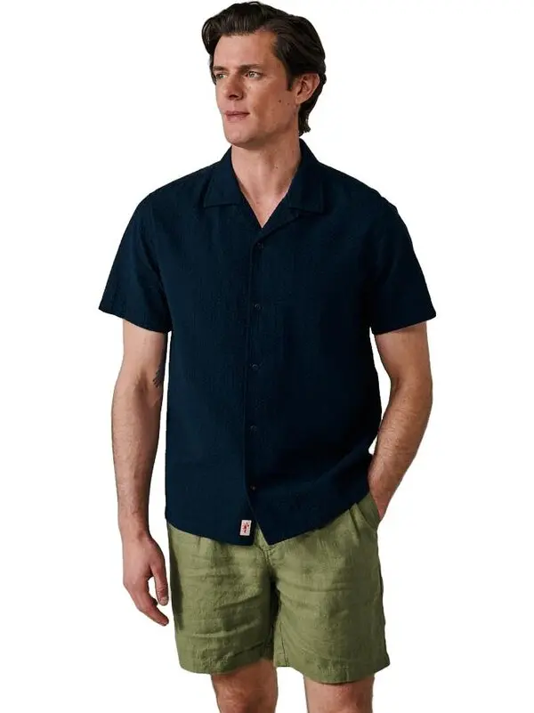 Aubin Seersucker Linen Short Sleeve Shirt - Navy