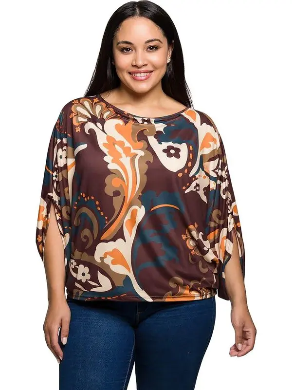 24SEVEN COMFORT APPAREL Paisley Print Dolman Sleeve Top - Brown Multi