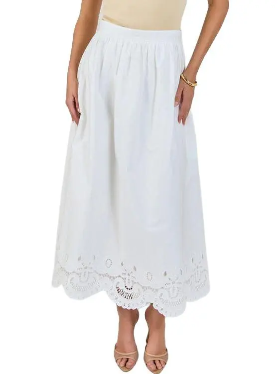 Endless Rose Embroidered Scalloped Hem Cotton Midi Skirt - White