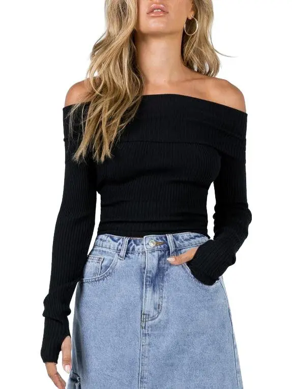 Princess Polly Morley Off The Shoulder Rib Sweater - B Lack