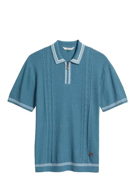 MALBON Navarro Textured Cotton Zip Polo - Aegean Blue