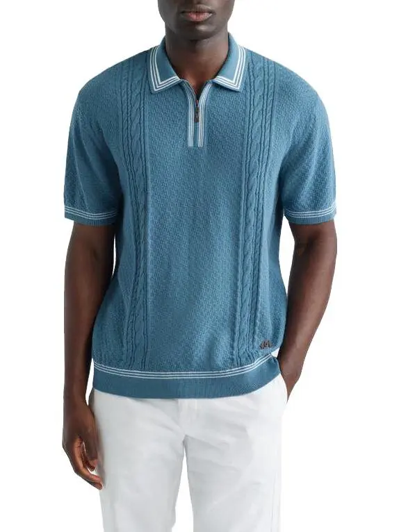 MALBON Navarro Textured Cotton Zip Polo - Aegean Blue