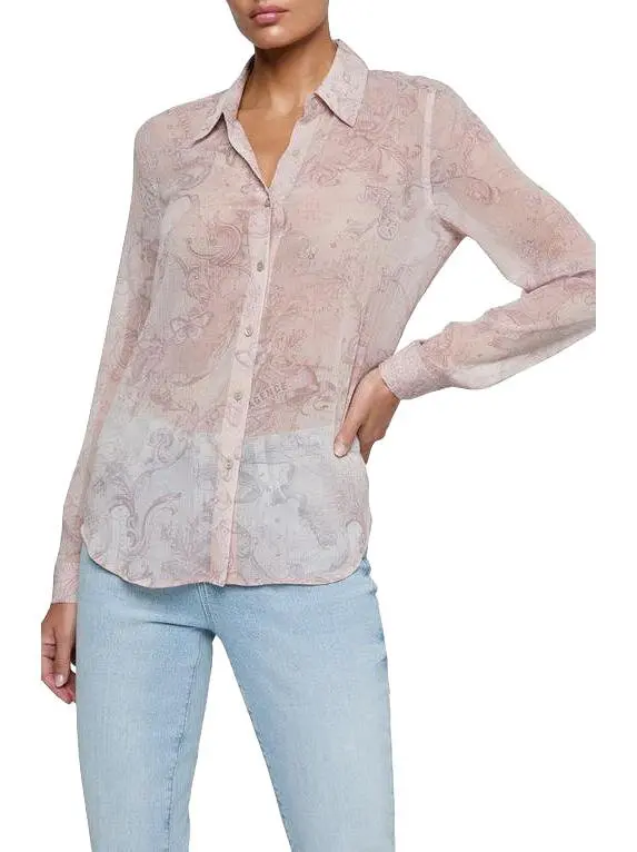 L'Agence Laurent Baroque Butterfly Print Sheer Button-up Shirt - Biscuit Scroll Lace Print