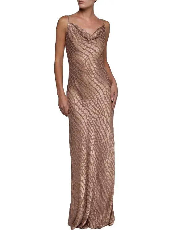 L'Agence Christine Cowl Neck Burnout Satin Gown - Hazelnut Cobra Geo Burnout