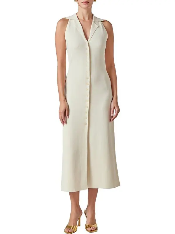 Endless Rose Sleeveless Midi Sweater Dress With Notched Collar - Ivory