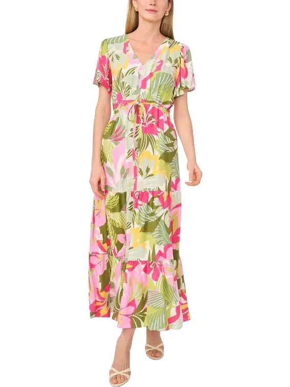 Vince Camuto Printed Tie Waist Tiered Maxi Dress - Flamingo Pink