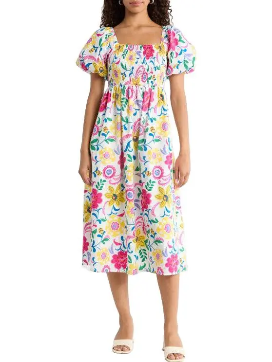 SUGARLIPS Floral Smocked Midi Dress - White Multi
