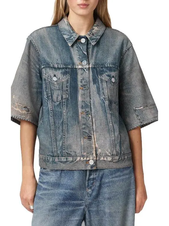 ALLSAINTS Juni Distressed French Terry Denim Shirt - Illusion Tint Blue