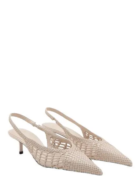 Mango Woven Pointed Toe Slingback Kitten Heel Pumps - Ecru