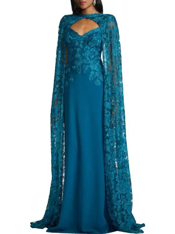 Tadashi Shoji Embroidered Cape Gown - Venom Blue