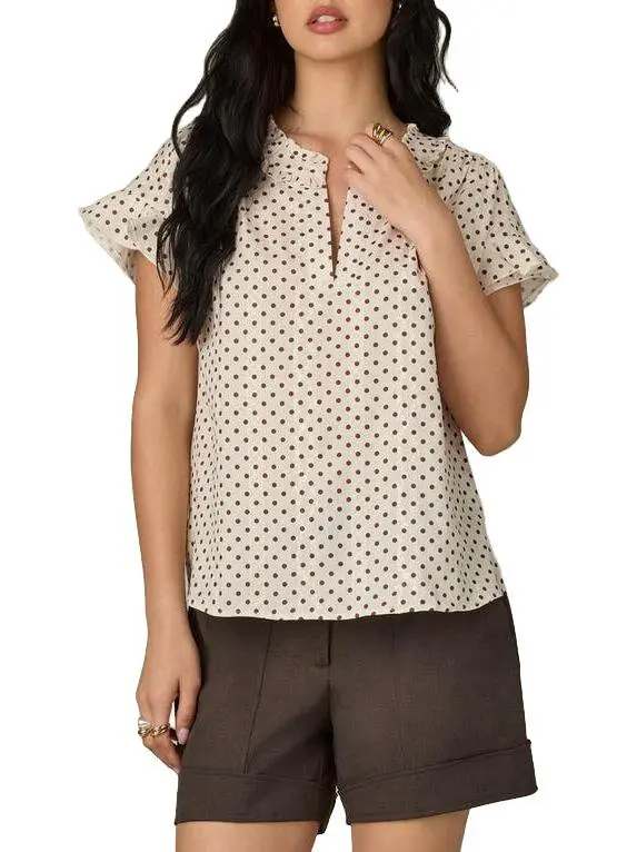Wit & Wisdom Embroidered Polka Dot Ruffle Top - Ecru/brown
