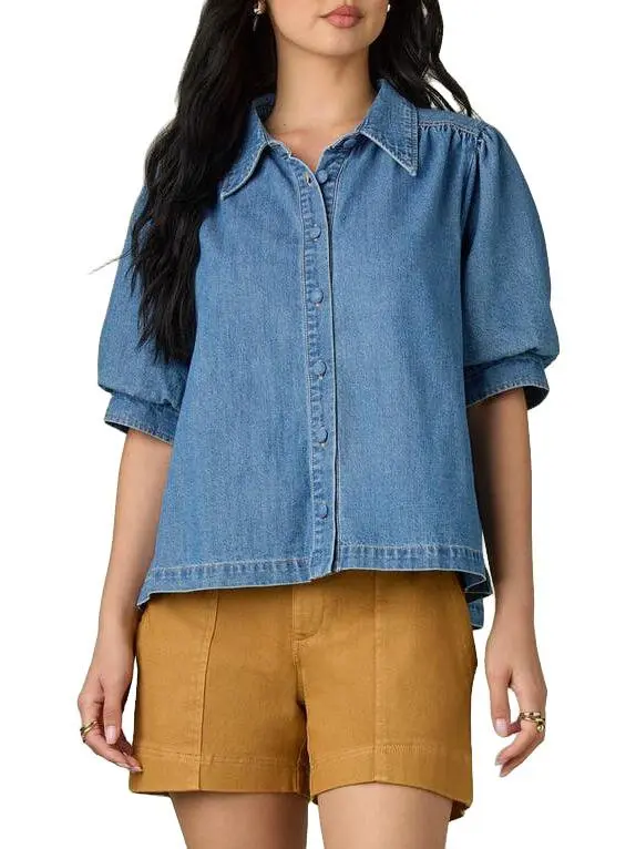 Wit & Wisdom Puff Sleeve Denim Shirt - Mid Blue