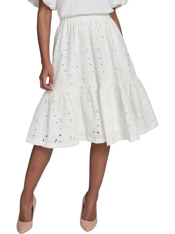 Karl Lagerfeld Paris Mixed Media Eyelet Lace Midi Dress - Soft White