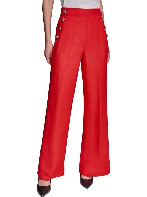 Karl Lagerfeld Paris Linen Blend Sailor Pants With Rosette Buttons - Apple Red