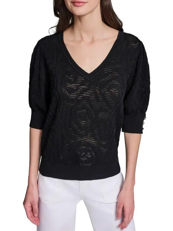 Karl Lagerfeld Paris Floral Puff Sleeve Sweater - Black