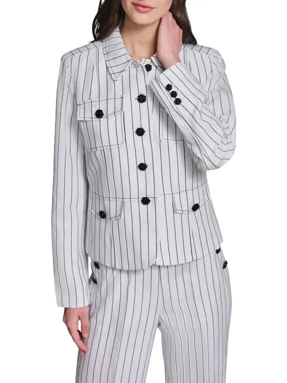 Karl Lagerfeld Paris Striped Linen Blend Jacket With Rosy Button Detail - Soft White/black