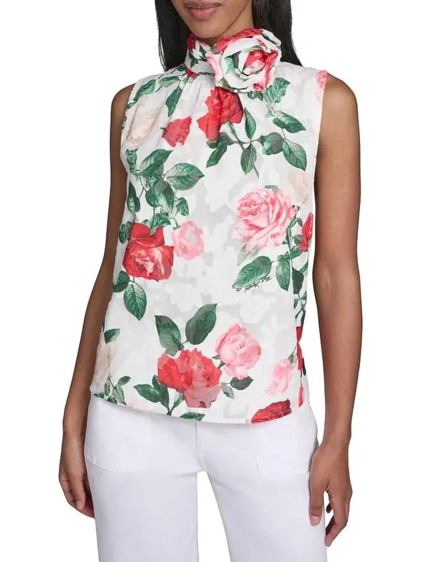 Karl Lagerfeld Paris Rosette Detail Floral High Neck Tank - Soft White Multi