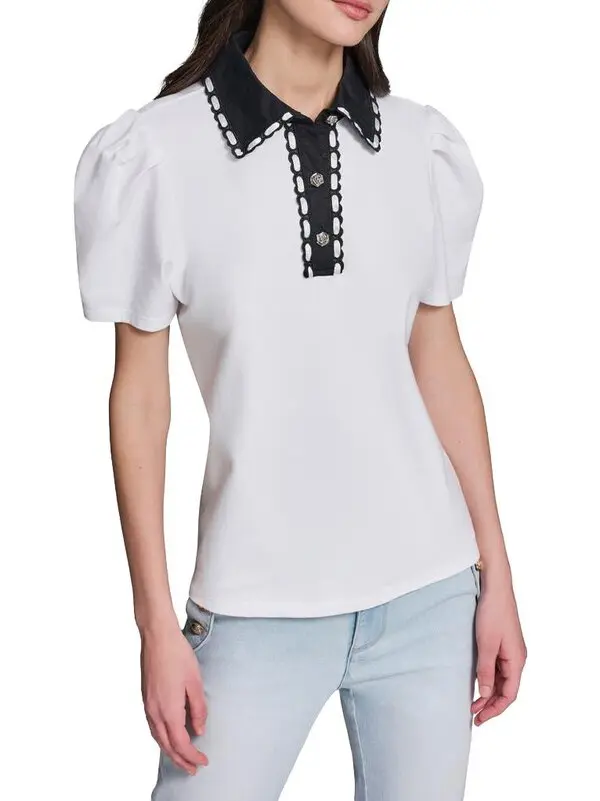 Karl Lagerfeld Paris Contrast Collar Puff Sleeve Stretch Cotton Piqué Polo Shirt - Soft White
