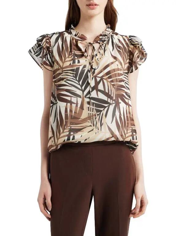 Anne Klein Ruffled Tie Neck Top - White Dove Multi