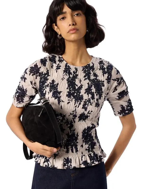 Whistles Smocked Floral Peplum Blouse - Ivory/multi