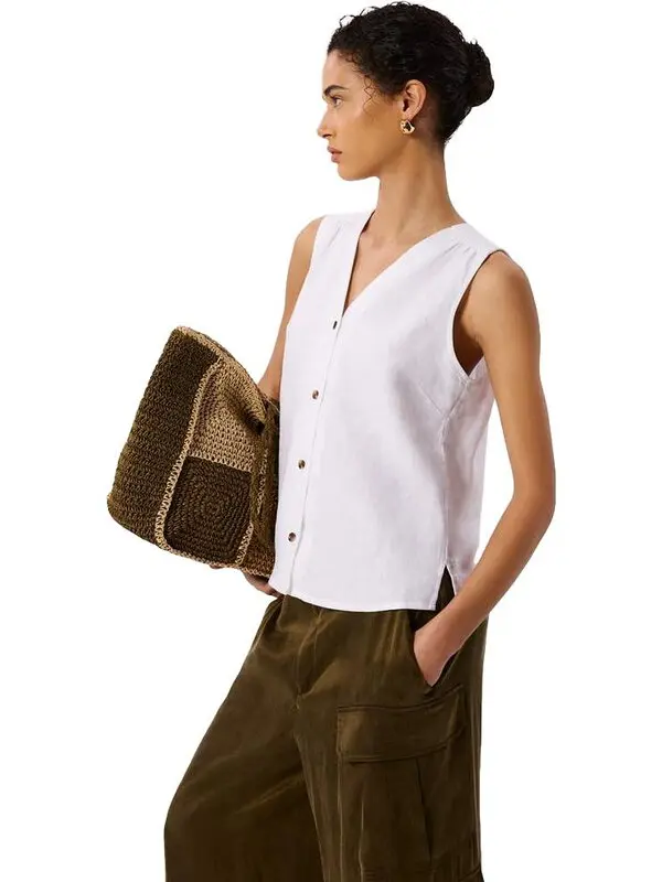 Whistles Laura Linen Button-up V-neck Tank - White