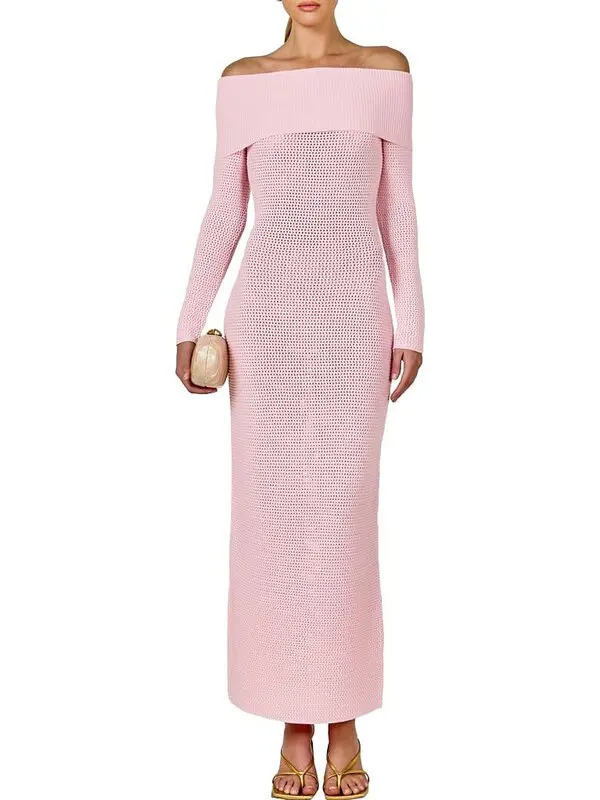 Endless Rose Off-the-shoulder Open Stitch Sweater Dress - Pink