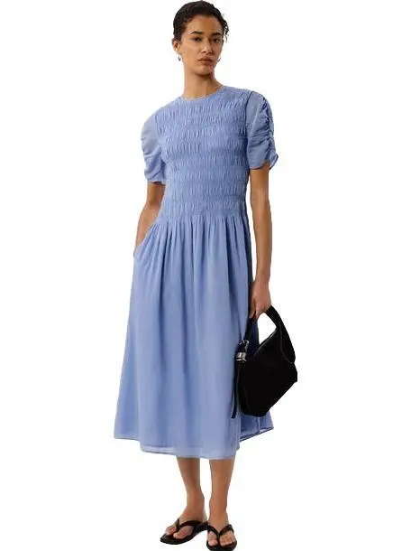 Whistles Avery Smocked Midi Dress - Pale Blue