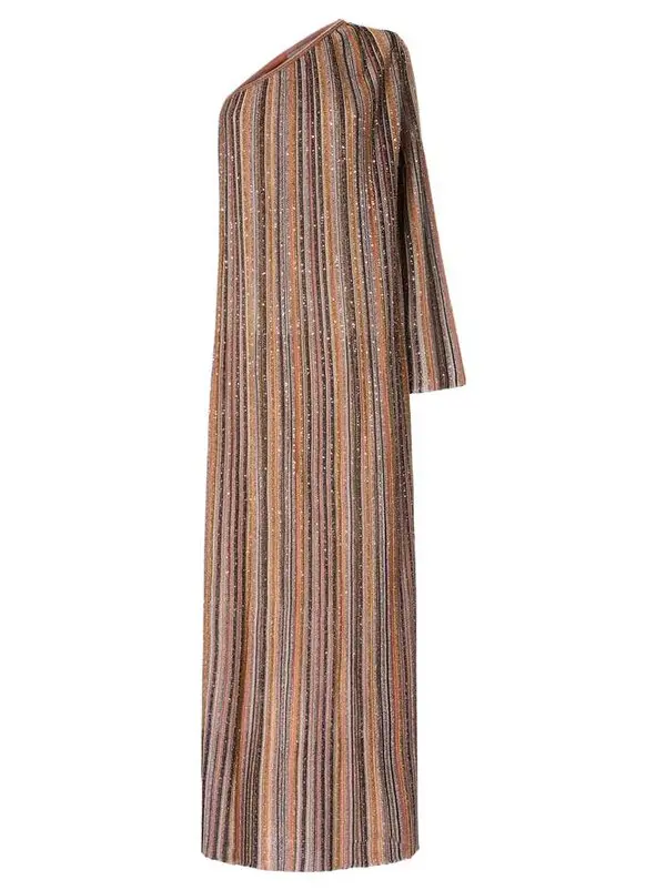 Missoni One-shoulder Long Dress In Ribbed Viscose Lam - Gold& Beige