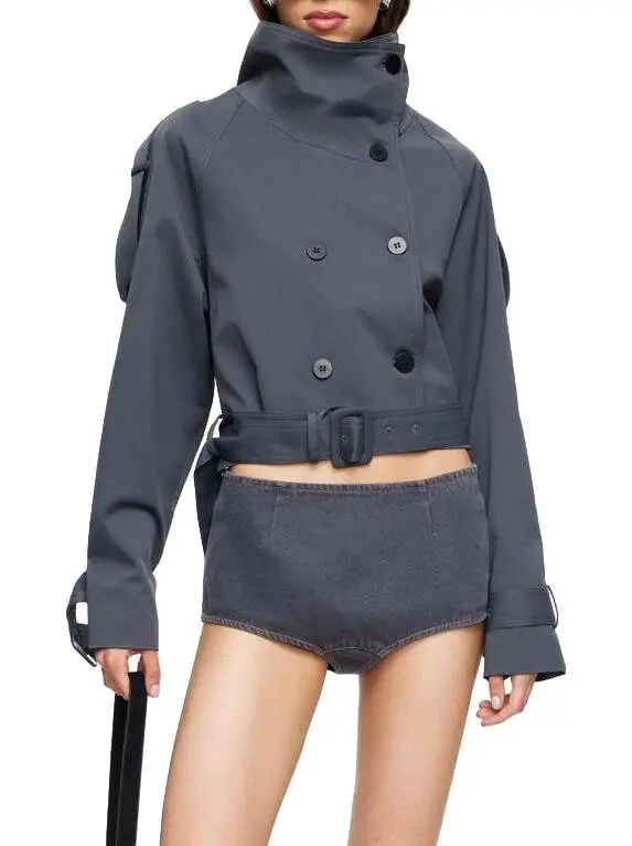 Lioness Cropped Trench Coat With Funnel Neck - Slate