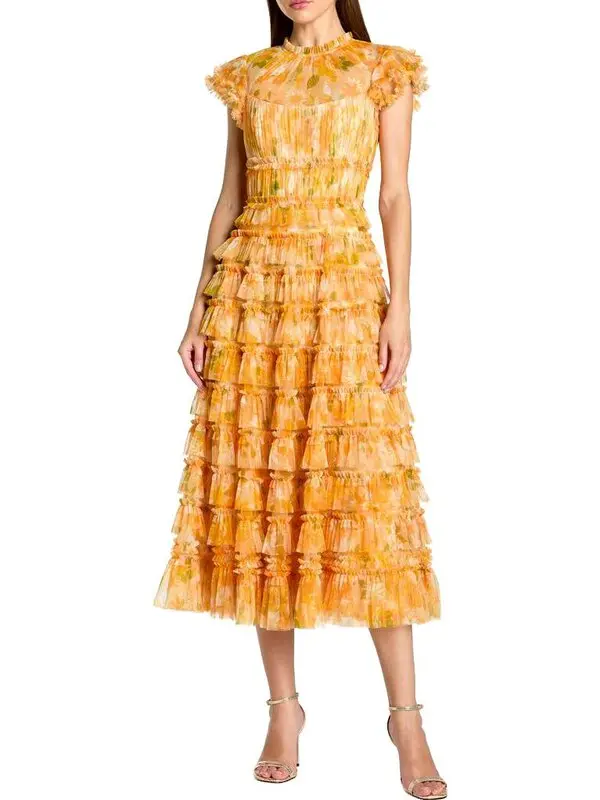 Mac Duggal Floral Mesh High Neck Cap Sleeve Midi Dress With Tiered Ruffles - Yellow Multi