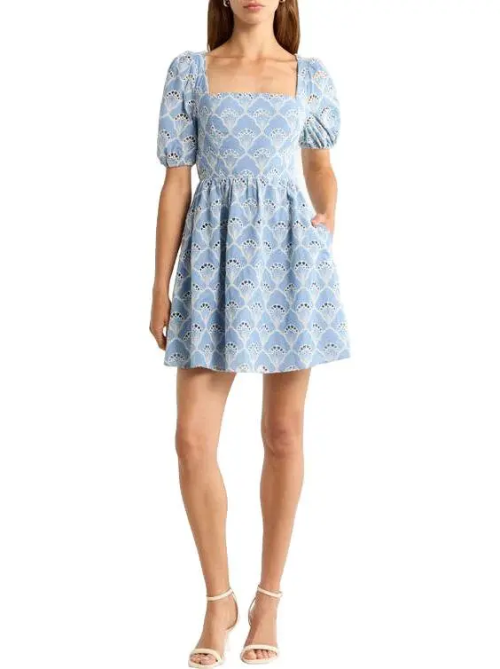 SUGARLIPS Ivana Eyelet Smocked Minidress - Blue-white