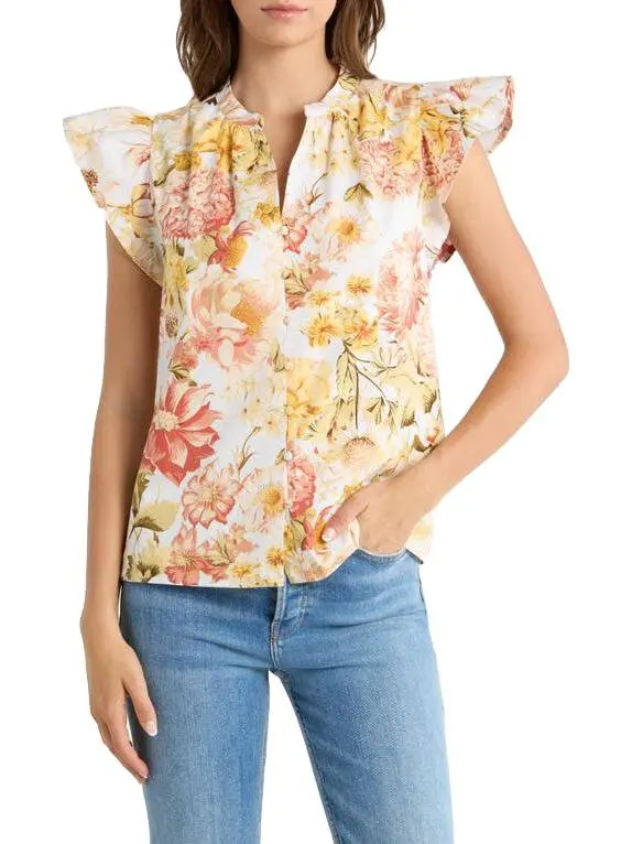 SUGARLIPS Floral Split Neck Stretch Cotton Top - Coral-mult