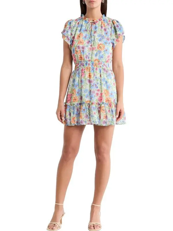SUGARLIPS Garden Floral Print Ruffle Minidress - Blue-pink