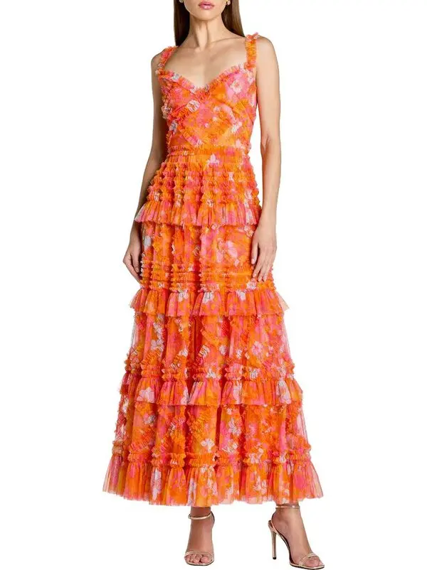 Mac Duggal Sleeveless Floral Ruffle A-line Maxi Dress - Orange Multi
