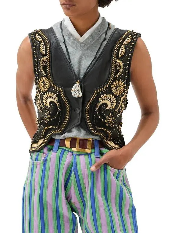 Versace Embellished Leather Crop Vest - Black