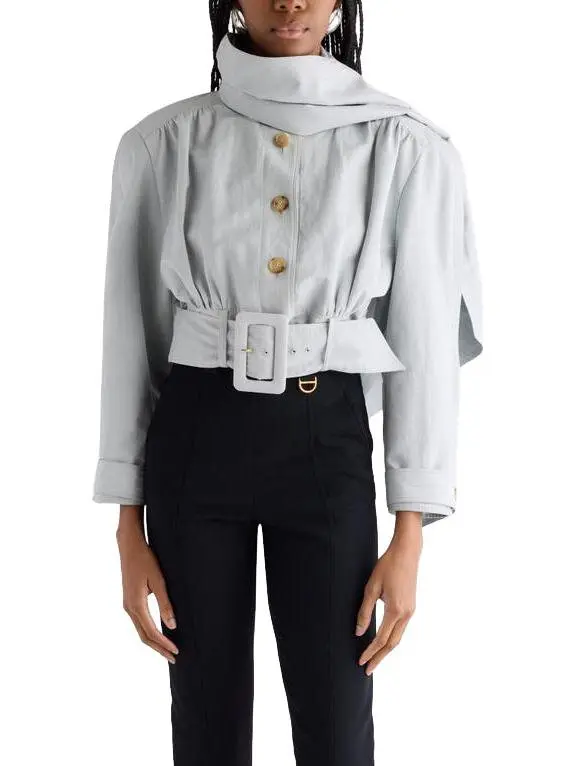 Chloé Cropped Belted Linen & Cotton Jacket With Scarf Detail - Storm Grey