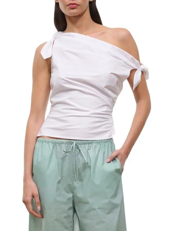 Staud Bellaria One-shoulder Stretch Cotton Top With Tie Accents - White