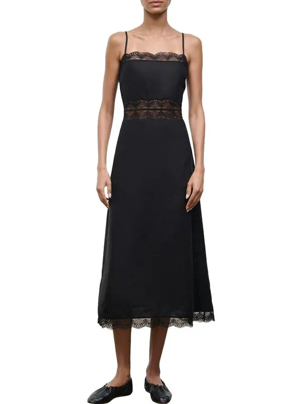 Staud Lace Detail Linen Midi Dress - Black