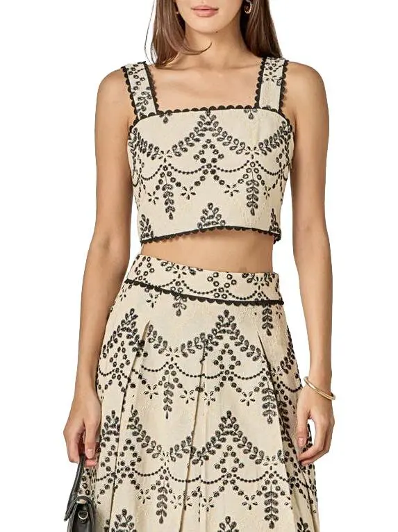 English Factory Embroidered Eyelet Crop Tank - Beige/black