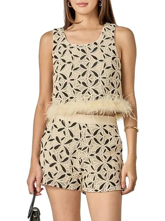 English Factory Crochet Lace Feather Crop Tank - Cream/black