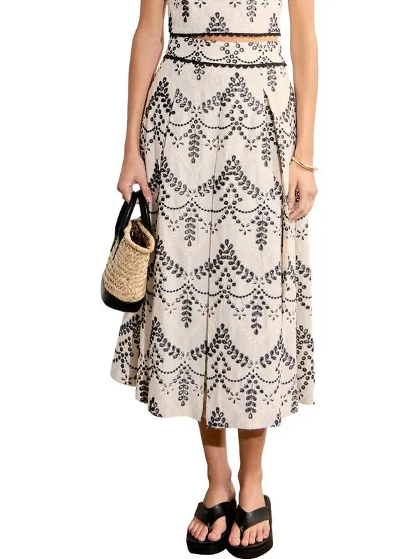 English Factory Embroidered Eyelet Maxi Skirt - Beige/black